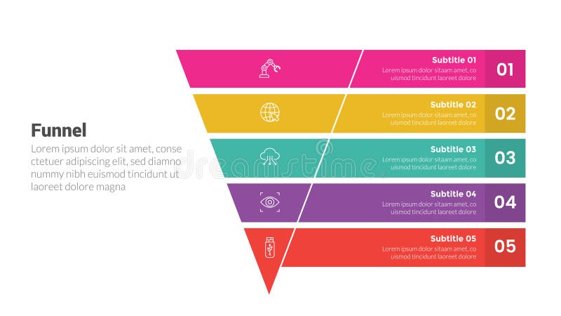 Funnel Shape Infographics Template Diagram with Sharp Funnels and Box ...