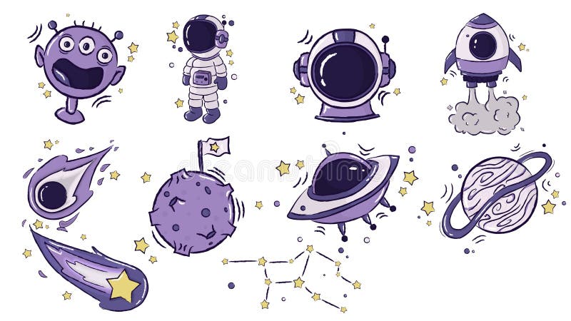 Funny Alien, Astronaut, Spaceship, Planets and Stars are Exploring ...