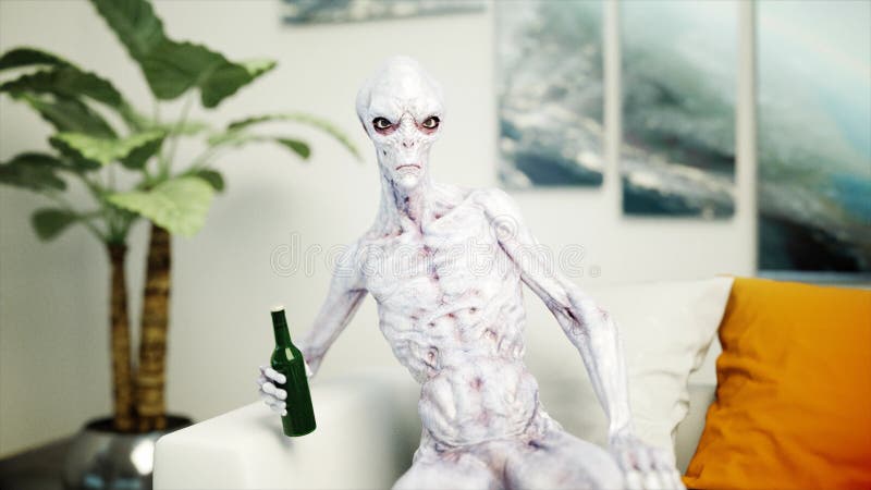 Funny Alien with Beer Sit on Sofa. Relax. Alien Concept. 3d Rendering ...