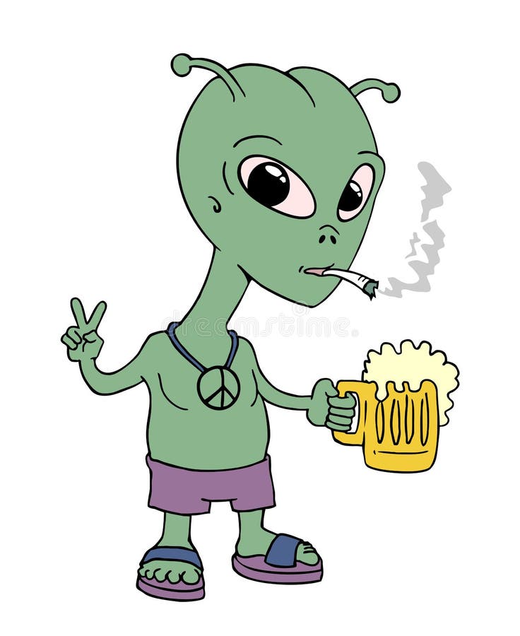Funny Alien Smoking and with Beer Stock Vector - Illustration of hippy ...