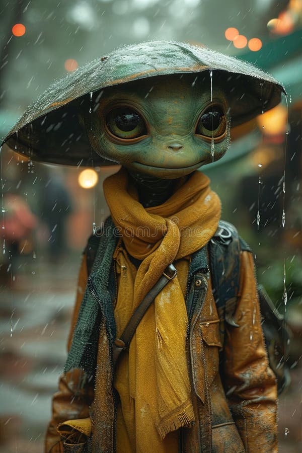 Funny Alien Under Heavy Rain Generative AI Stock Illustration ...