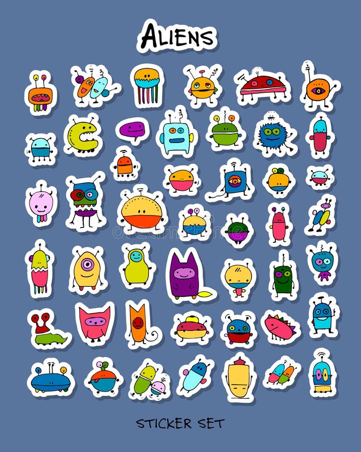 Funny Aliens, Sketch Drawing for Your Design Stock Vector ...