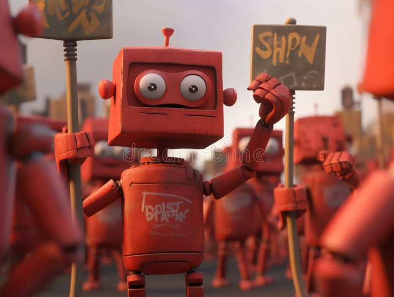 Funny Amusing Red Robots Protest with Posters on a Meeting. Stock ...