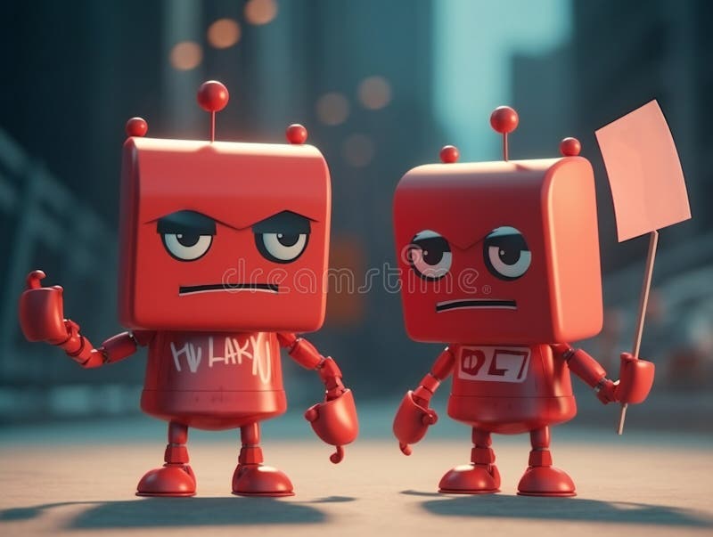 Funny Amusing Red Robots Protest with Posters on a Meeting. Stock ...