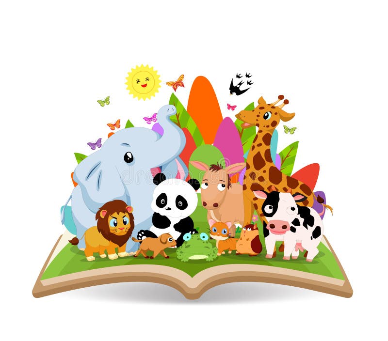 Funny Animal Cartoon in the Forest on the Book Stock Vector ...