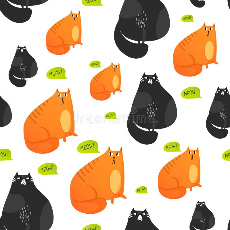 Seamless Pattern with Fat Cats in Cartoon Style. Stock Vector ...