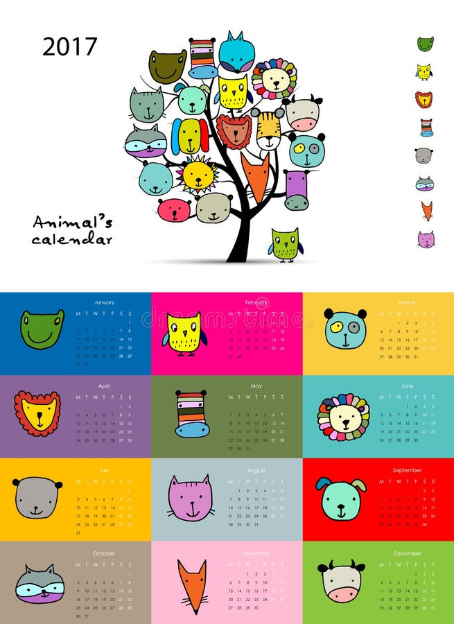 Funny Animals, Calendar 2017 Design Stock Vector - Illustration of ...