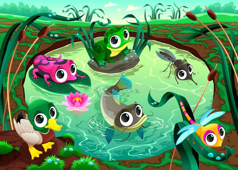 Cartoon pond with lotus stock vector. Illustration of leaf - 11059700