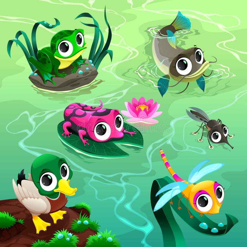 Cartoon pond with lotus stock vector. Illustration of leaf - 11059700