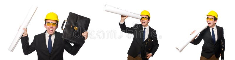 The Funny Architect with Drawings on White Stock Image - Image of ...