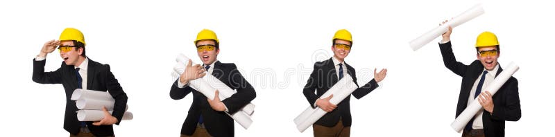 The Funny Architect with Drawings on White Stock Image - Image of ...