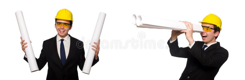 The Funny Architect with Drawings on White Stock Image - Image of ...