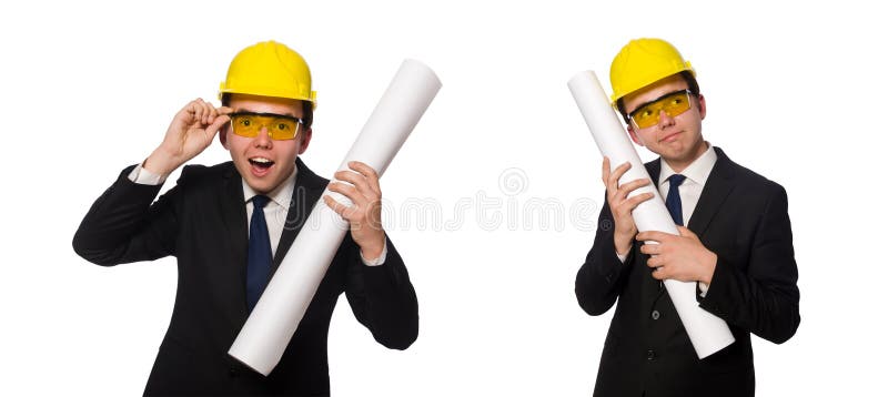 The Funny Architect with Drawings on White Stock Photo - Image of ...