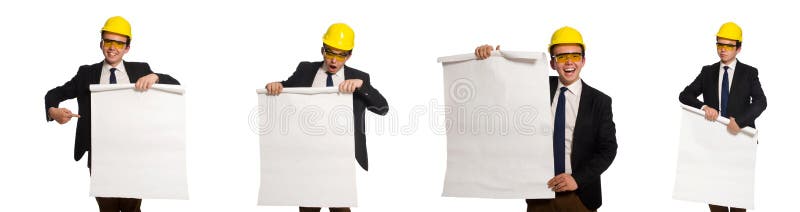 The Funny Architect with Drawings on White Stock Image - Image of ...