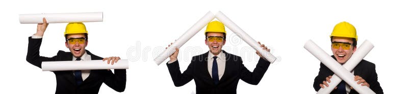 The Funny Architect with Drawings on White Stock Photo - Image of ...