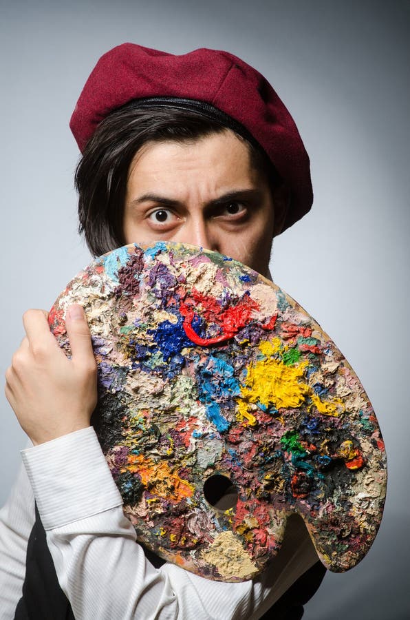 The Funny Artist in Dark Studio Stock Image - Image of painter, paint ...