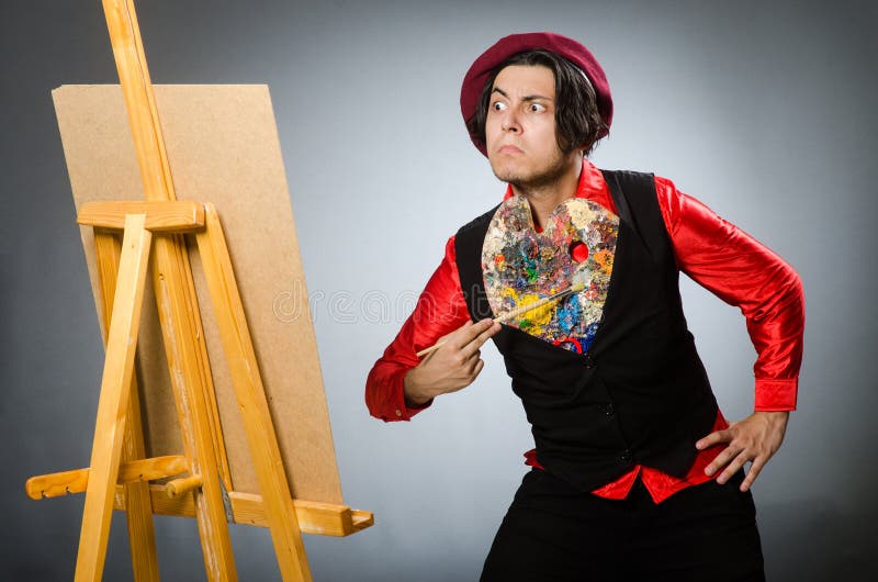 The Funny Artist in Dark Studio Stock Image - Image of painter, paint ...