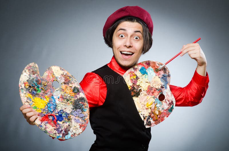 The Funny Artist in Dark Studio Stock Photo - Image of angry ...