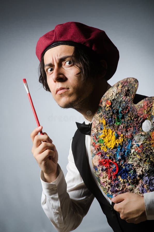 The Funny Artist in Dark Studio Stock Image - Image of paintbrush ...