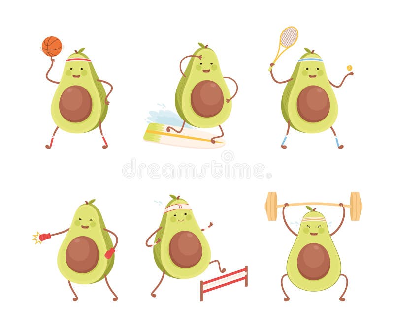 Funny Avocado Characters Doing Sport Activity Vector Set Stock ...