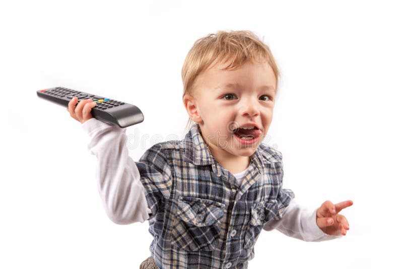 Funny Baby Boy Got the TV Remote Control. Isolated on White Stock Image ...