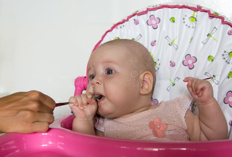 Funny Baby Feeding with a Spoon Stock Image - Image of spoon, care ...