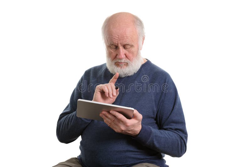 Funny Old Man Using Tablet Computer Isolated on White Stock Photo ...