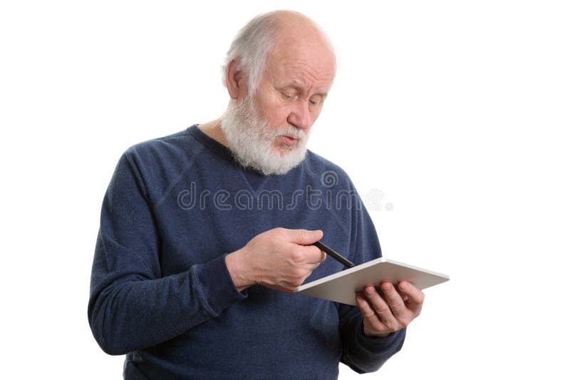 Funny Old Man Using Tablet Computer Isolated on White Stock Image ...