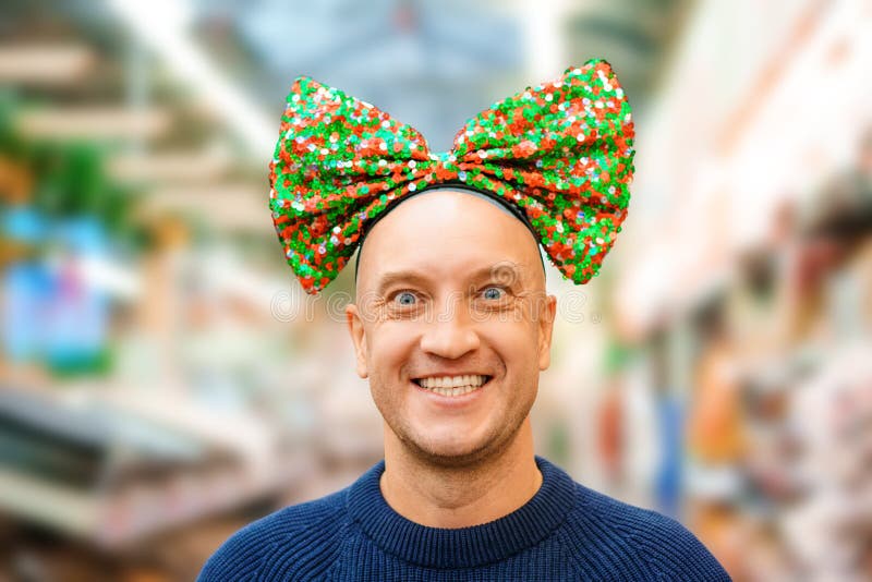 Funny Bald Man with a Bow on His Head, Festive Mood Stock Image - Image ...