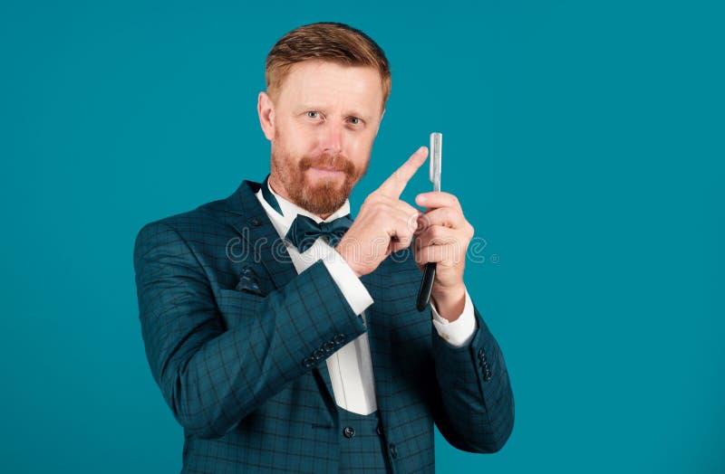 Funny Barber. Barber Blade. Man with Vintage Razor. Stock Photo - Image ...
