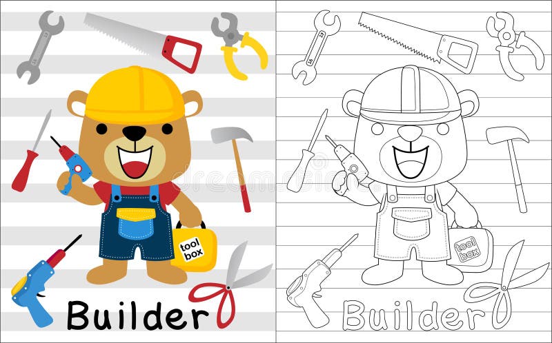 A Funny Bear Cartoon in Builder Costume with it Tools, Coloring Book or ...