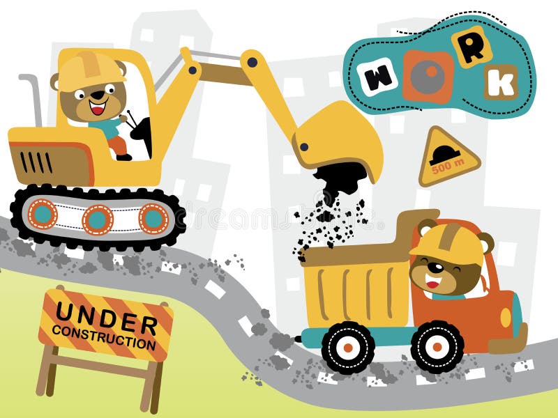 Funny Bear Cartoon on Construction Vehicles on the Road, Construction ...