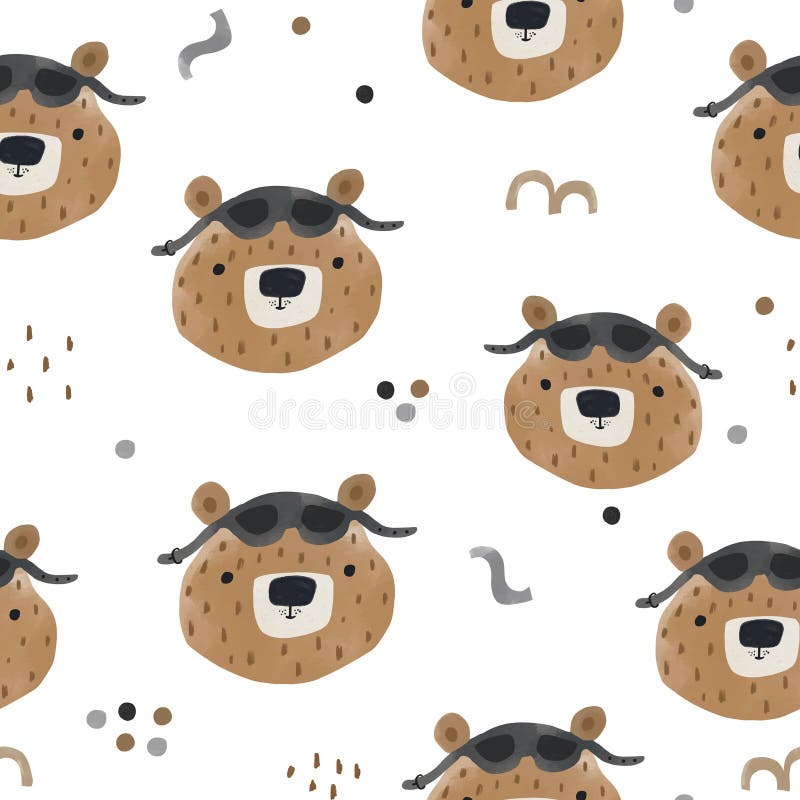 Funny Bear Pilot Watercolour Seamless Pattern. Childish Vector Texture ...