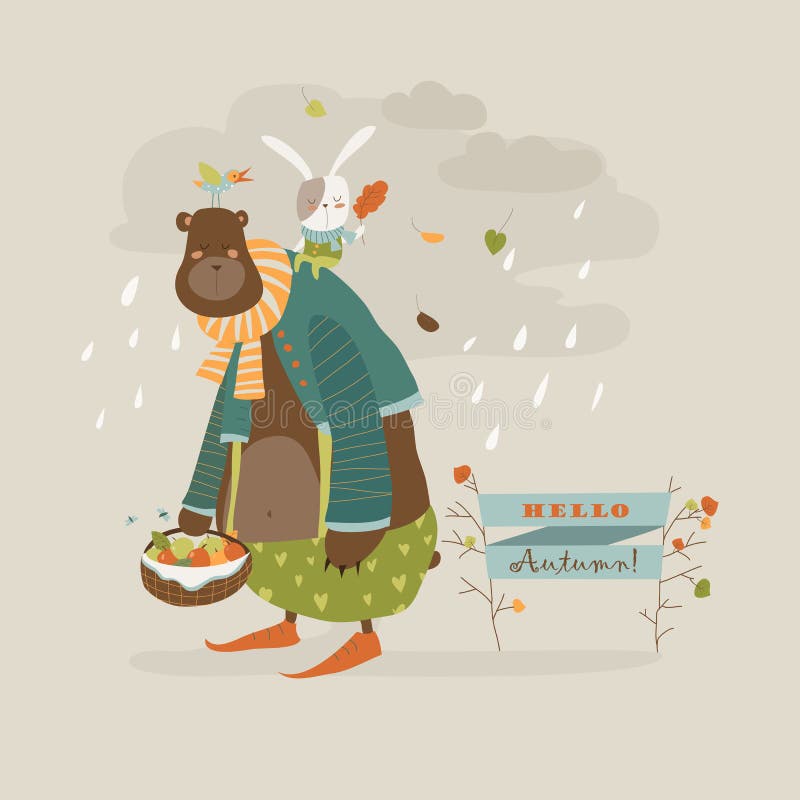 Funny bear and rabbit stock vector. Illustration of bird - 76249634