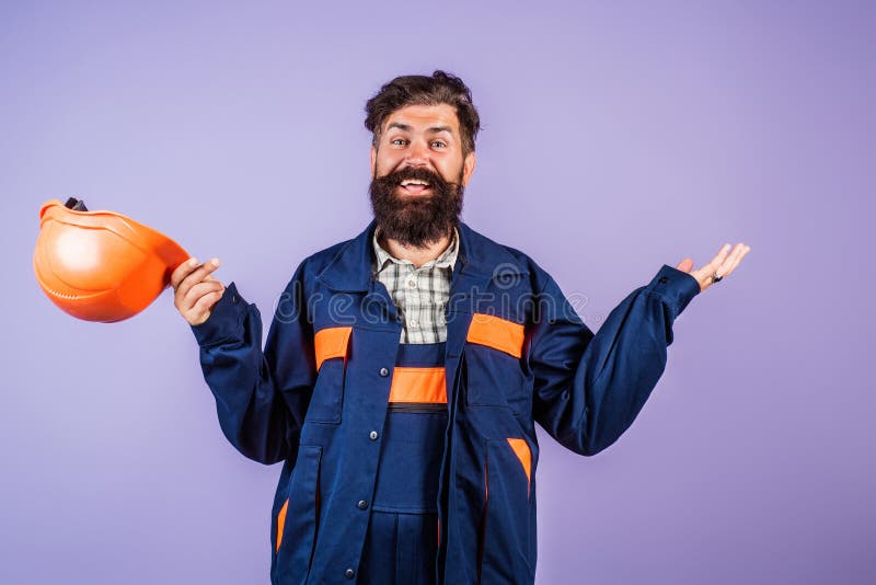 Funny Bearded Builder Worker. Handyman Builder in Hardhat. Building ...