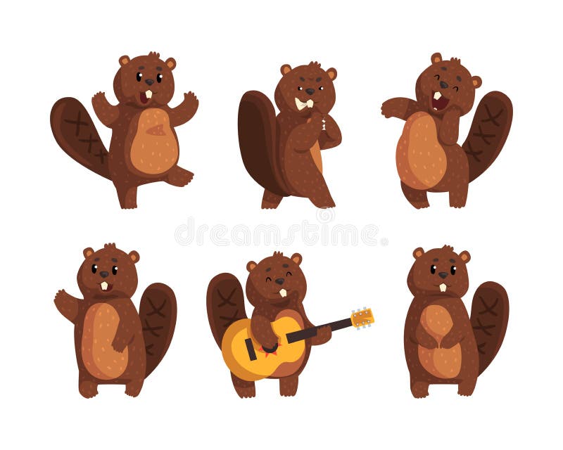 Funny Beaver Character with Friendly Snout Engaged in Different ...