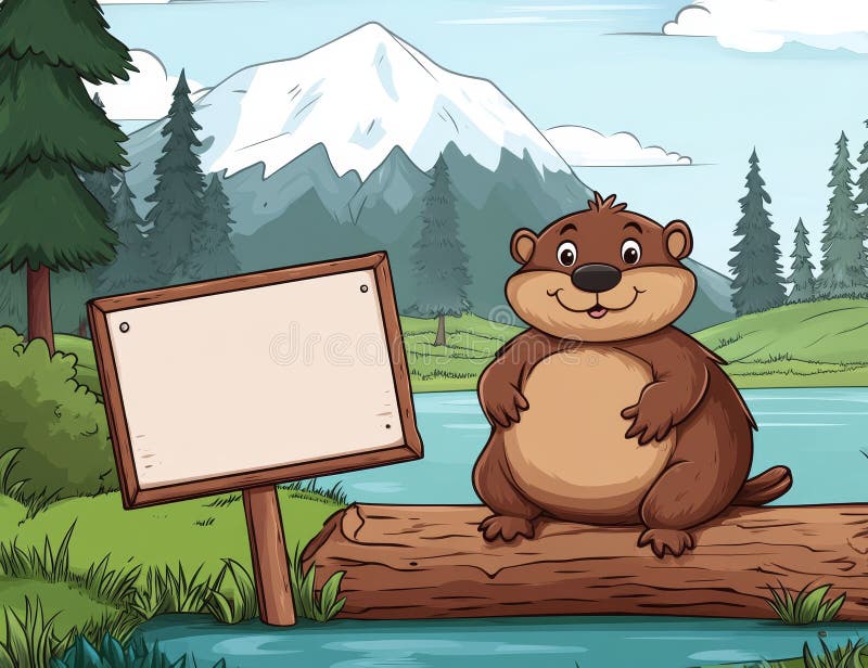 Funny Beaver Walking on Trunk of Tree with Blank Sign in Hand Stock ...