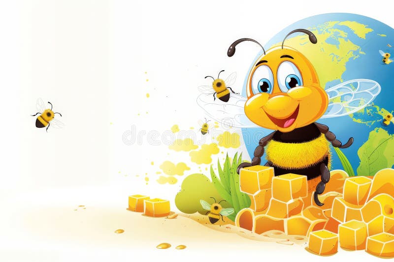 Funny Bee with Earth and Honeycomb Beehive Illustration White ...