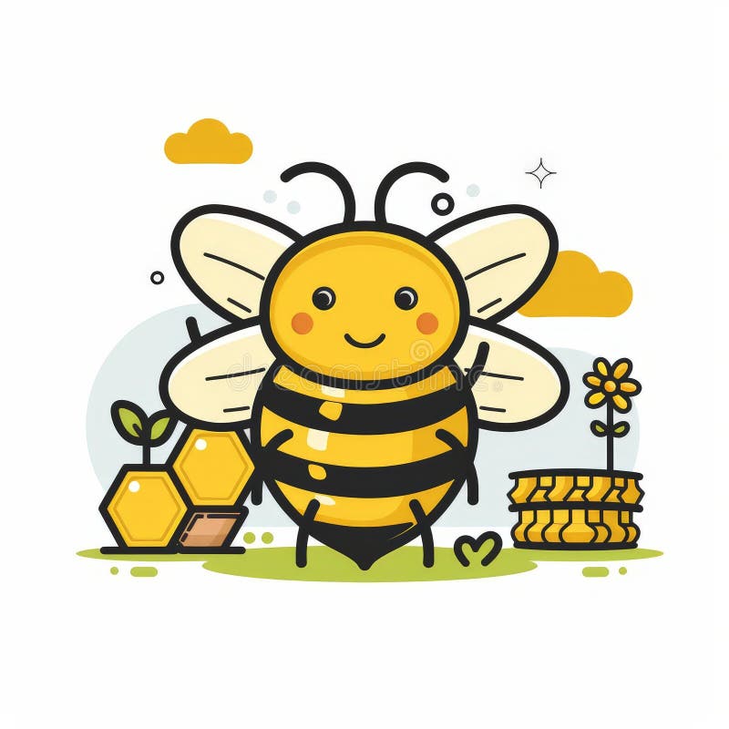 Honey Bee with Spring and Honeycomb Beehive Cartoon Flat Illustration White Background with Copy ...