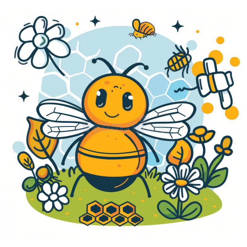 Funny Bee with Spring and Honeycomb Beehive Flat Line Art Illustration ...