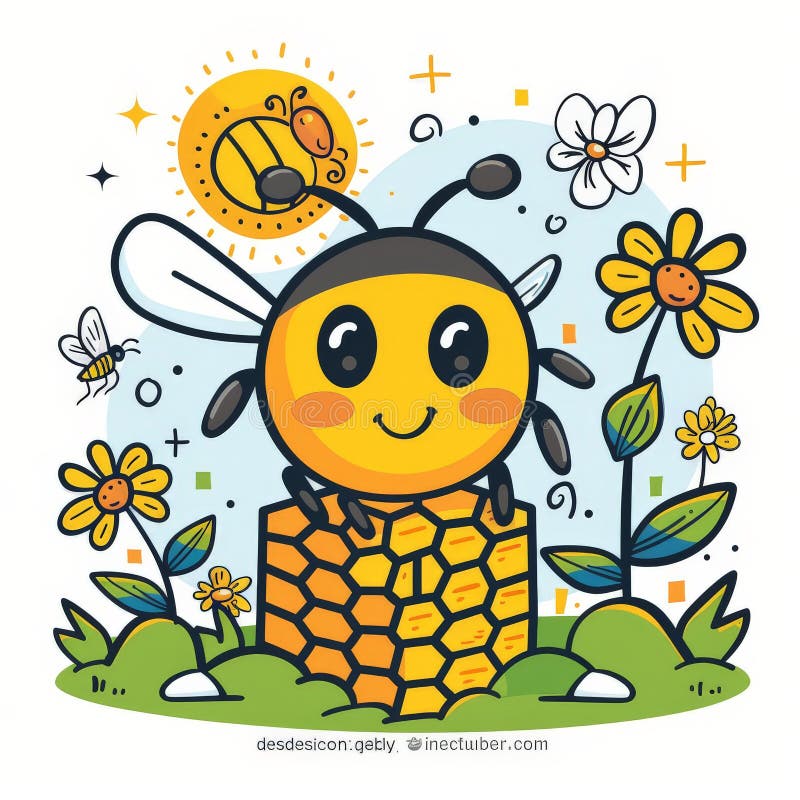 Honey Bee with Spring and Honeycomb Beehive Cartoon Flat Illustration ...