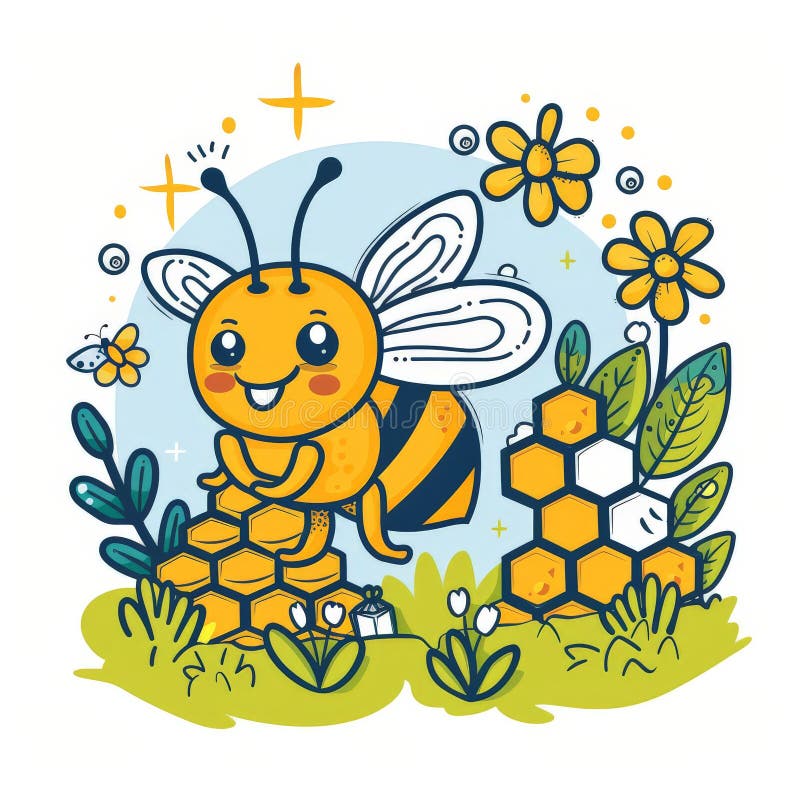Funny Bee with Spring and Honeycomb Beehive Flat Line Art Illustration ...