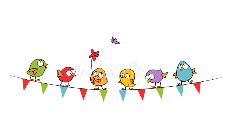 Funny Birds on Bunting Flags Celebrate Spring - Colorful Hand Drawn ...