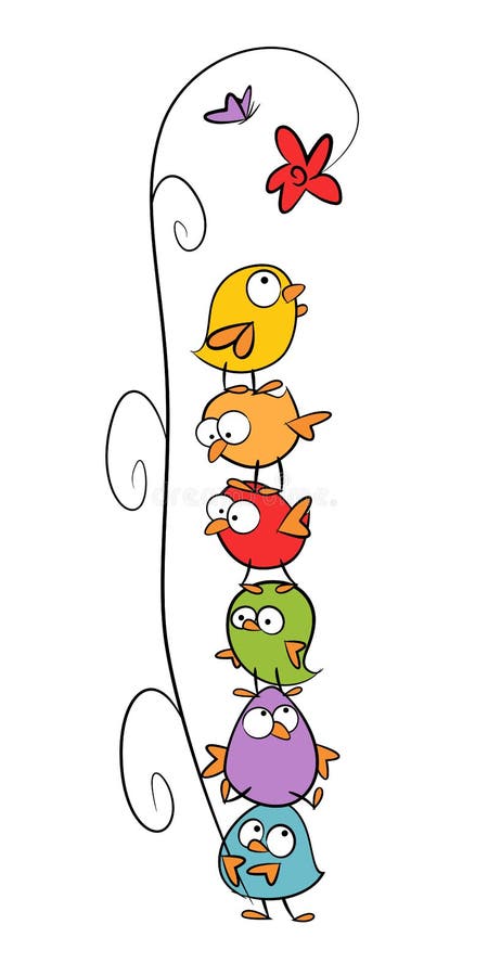 Funny Birds on Bunting Flags Celebrate Spring - Colorful Hand Drawn ...