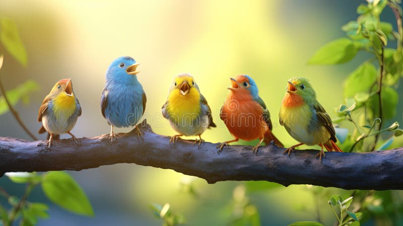Funny Birds on a Twig on a Springtime Morning Stock Illustration ...