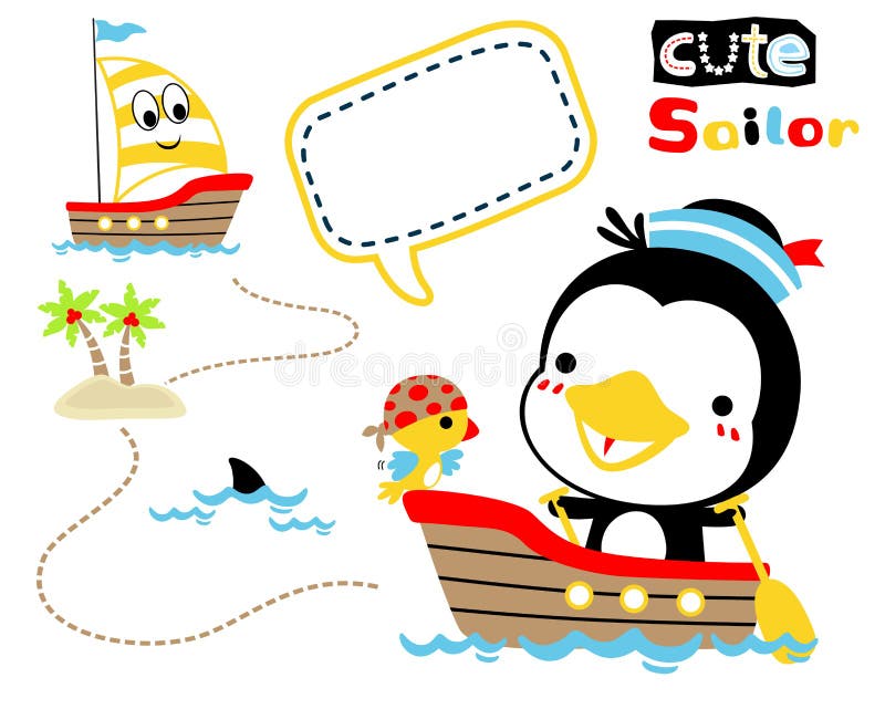 Funny Birds Wearing Sailor Hat on Boat, Sailing Elements Cartoon Stock ...