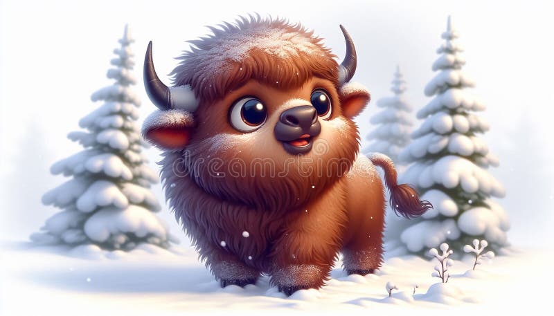 Funny Bison Cartoon in Snowy Landscape. Winter Time Stock Illustration ...