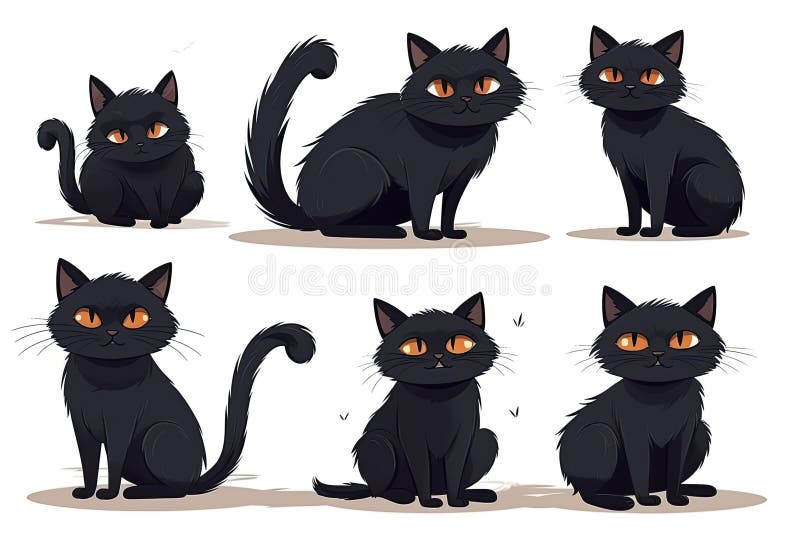 Funny Black Cat Character in Different Poses Isolated on a White ...