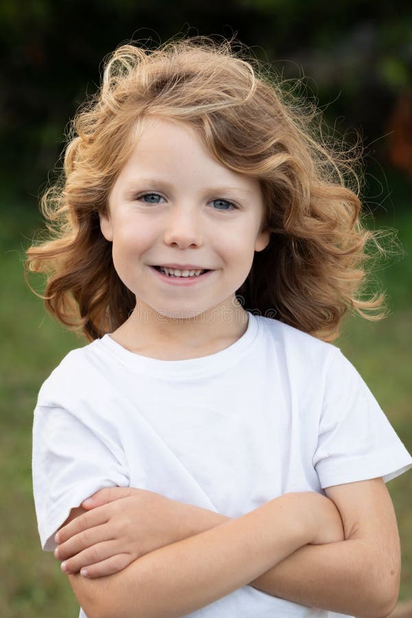 Funny Blond Kid with Long Hair Stock Image - Image of happiness, copy ...
