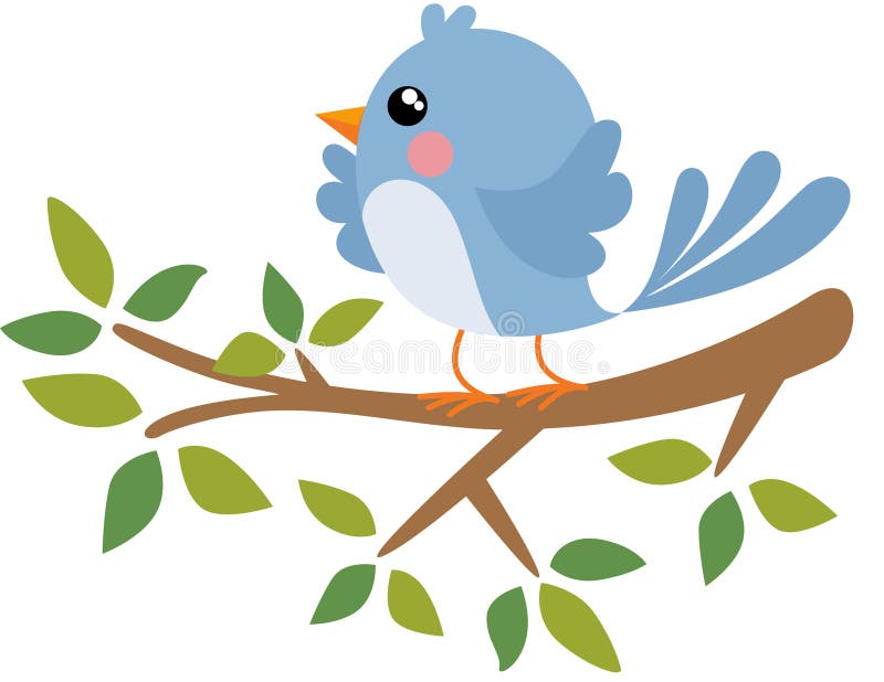 Funny Blue Bird on Branch of Tree with Green Leaves Stock Vector ...